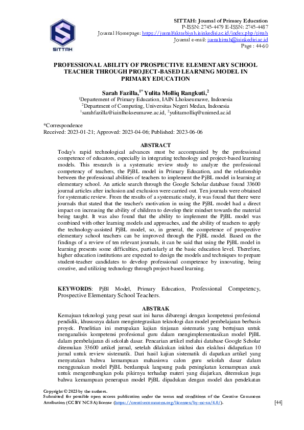 Pdf Professional Ability Of Prospective Elementary School Teacher Through Project Based