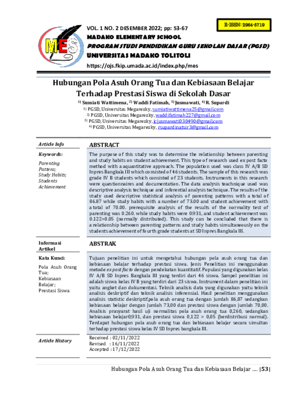 (PDF) Hubungan Pola Asuh Orang Tua dan Kebiasaan Belajar Terhadap Prestasi Siswa di Sekolah Dasar