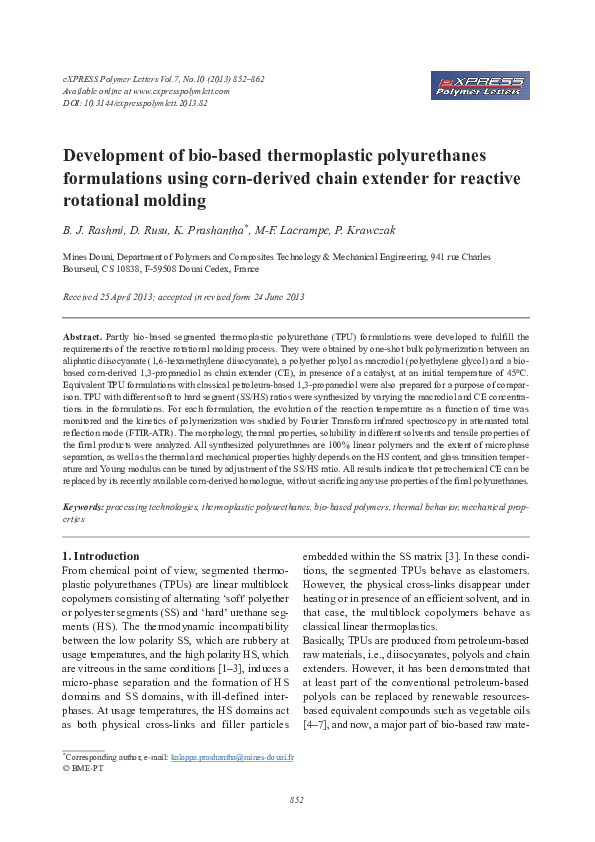 (PDF) Development of bio-based thermoplastic polyurethanes formulations using corn-derived chain ...