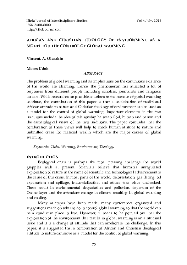 (PDF) African and Christian Theology of Environment as a Model for the ...