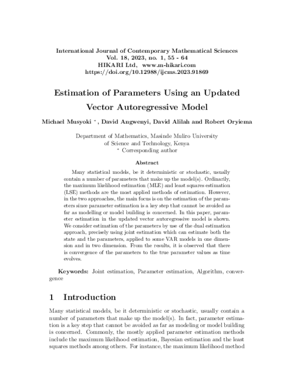 (PDF) Estimation of parameters using an updated vector autoregressive model (PDF) Estimation of parameters using an updated vector autoregressive model