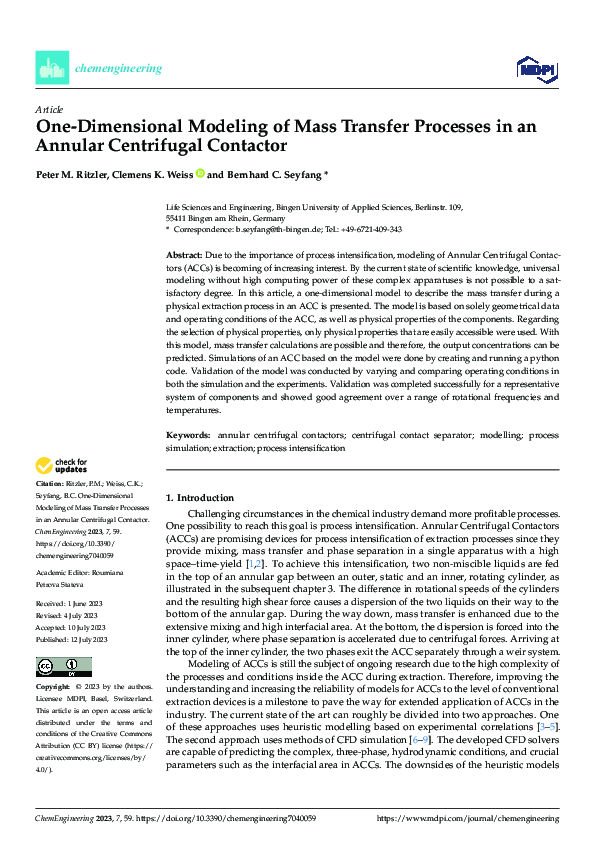 (PDF) One-Dimensional Modeling of Mass Transfer Processes in an Annular Centrifugal Contactor