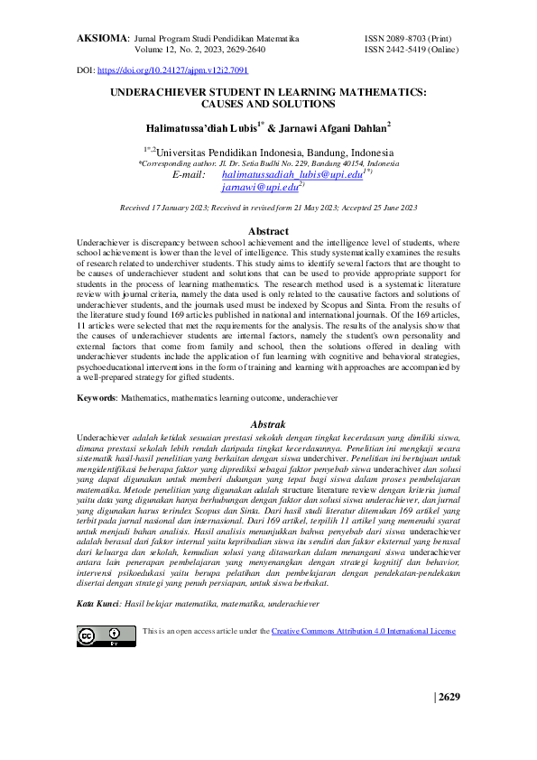 (PDF) Underachiever Student in Learning Mathematics: Causes and Solutions