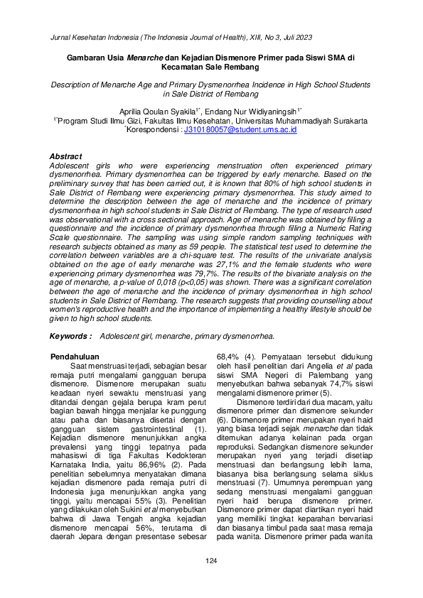 (PDF) Gambaran Usia Menarche dan Kejadian Dismenore Primer pada Siswi ...