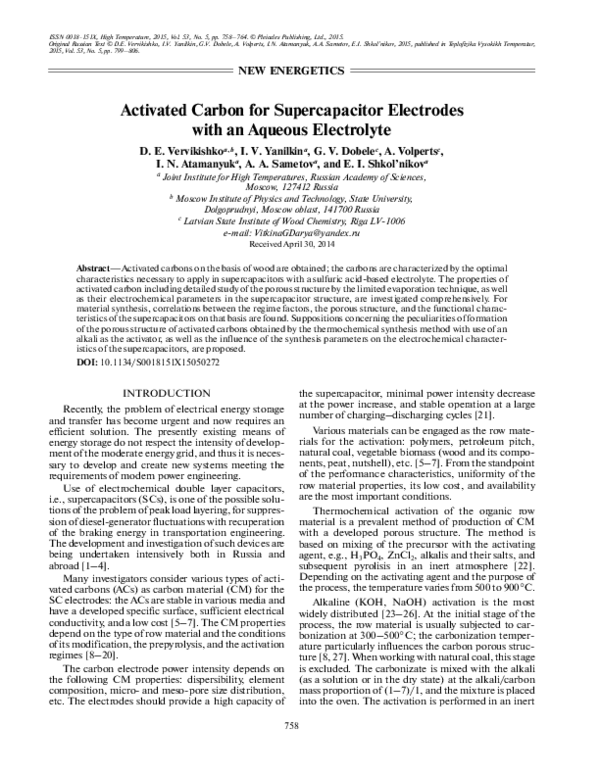 (PDF) Activated carbon for supercapacitor electrodes with an aqueous electrolyte