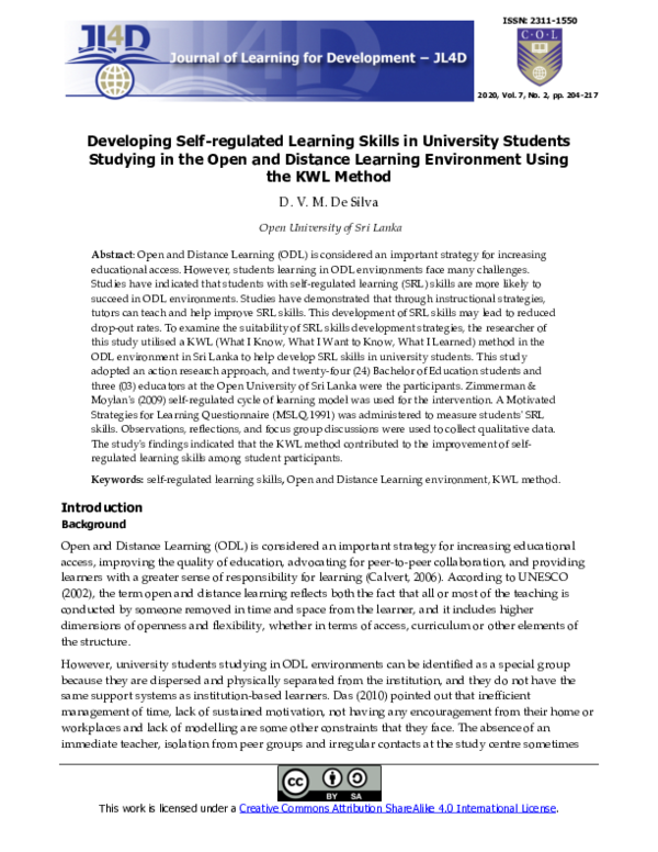 (PDF) Developing Self-regulated Learning Skills in University Students Studying in the Open and ...