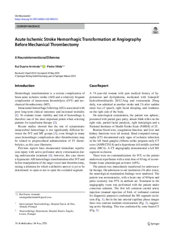 (PDF) Acute Ischemic Stroke Hemorrhagic Transformation at Angiography Before Mechanical Thrombectomy