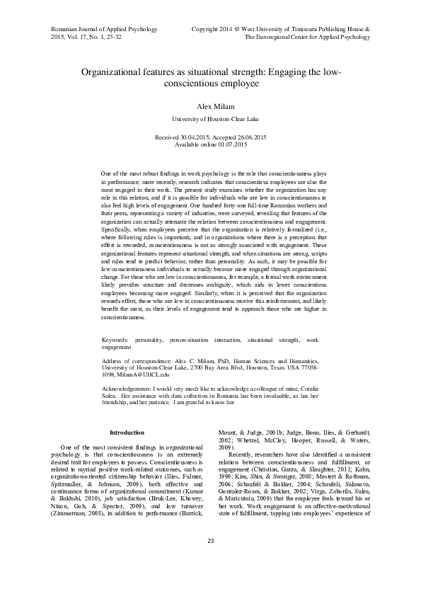 (PDF) Organizational features as situational strength: Engaging the low ...