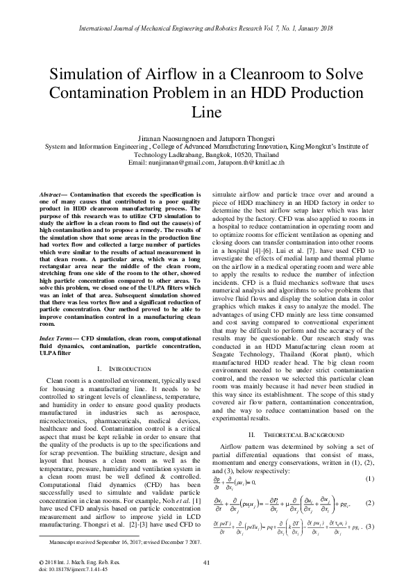 (PDF) Simulation of Airflow in a Cleanroom to Solve Contamination ...