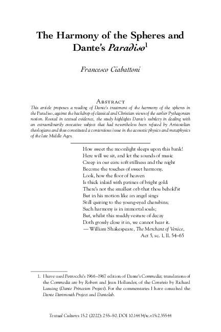 (PDF) The Harmony of the Spheres and Dante’s Paradiso | Francesco ...
