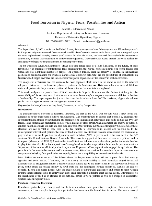 (PDF) Food Terrorism in Nigeria: Fears, Possibilities and Action