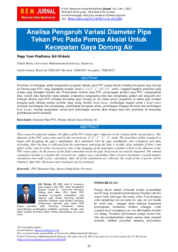 (PDF) Analisa Pengaruh Variasi Diameter Pipa Tekan PVC Pada Pompa ...