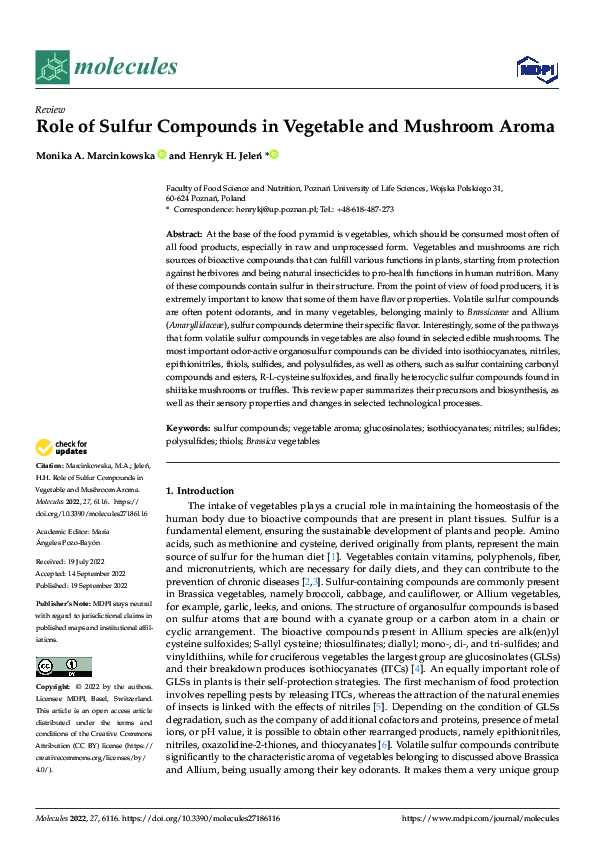 (PDF) Role of Sulfur Compounds in Vegetable and Mushroom Aroma