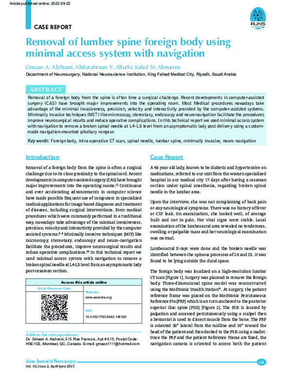 (PDF) Removal of lumber spine foreign body using minimal access system ...