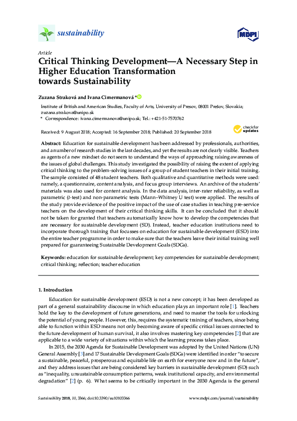 (PDF) Critical Thinking Development—A Necessary Step in Higher ...