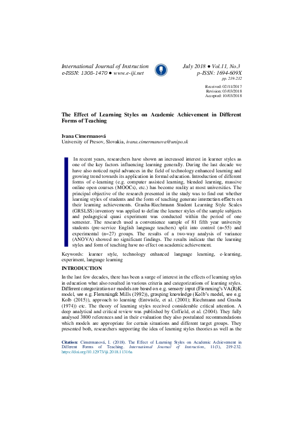 (PDF) The Effect of Learning Styles on Academic Achievement in ...