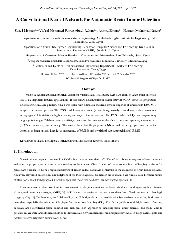 (PDF) A Convolutional Neural Network for Automatic Brain Tumor Detection