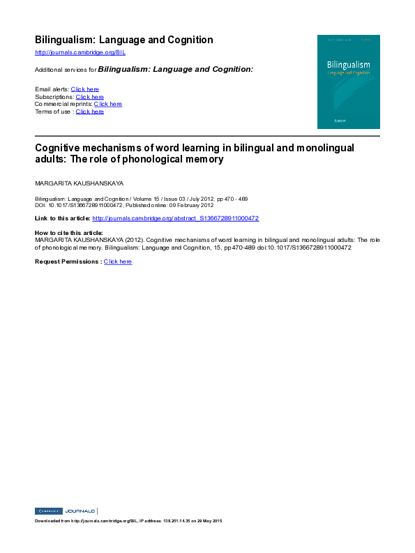 (PDF) Cognitive mechanisms of word learning in bilingual and monolingual adults: The role of ...