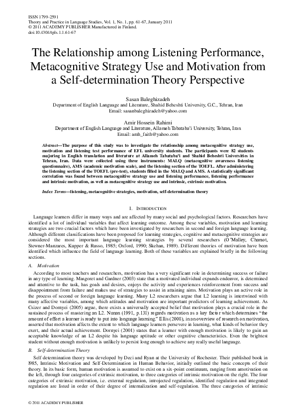 (PDF) The Relationship among Listening Performance, Metacognitive ...