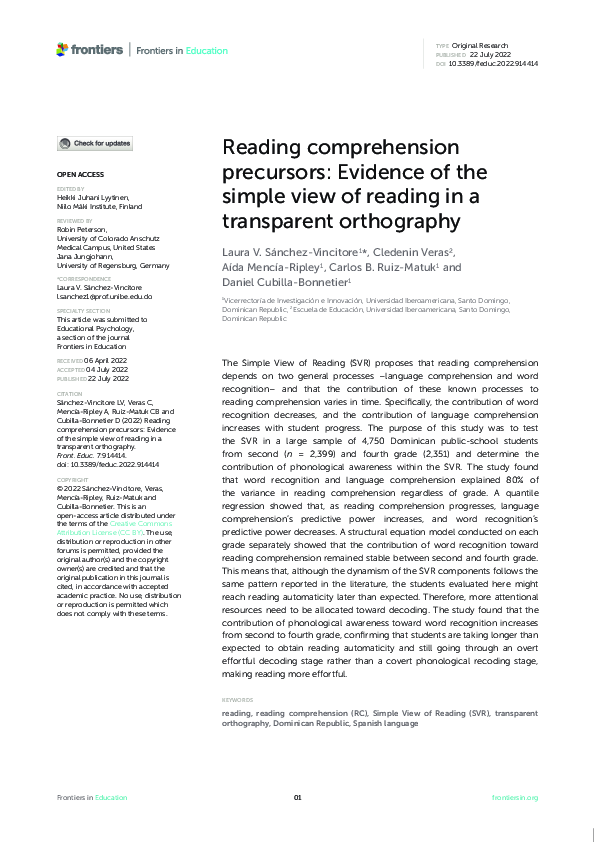 (PDF) Reading comprehension precursors: Evidence of the simple view of ...
