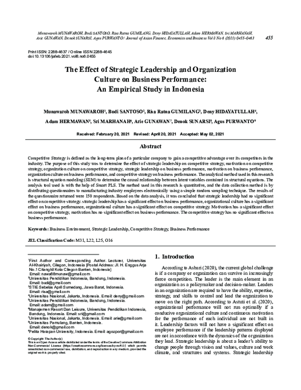 (PDF) The Effect of Strategic Leadership and Organization Culture on Business Performance: An ...