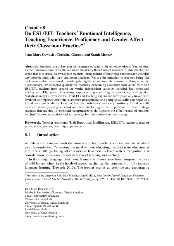 (PDF) Do ESL/EFL Teachers’ Emotional Intelligence, Teaching Experience, Proficiency and Gender ...