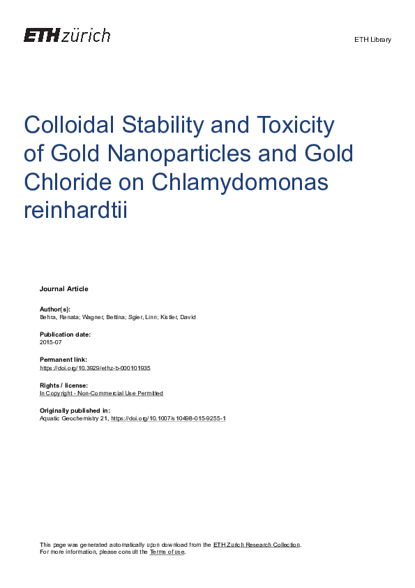 (PDF) Colloidal Stability and Toxicity of Gold Nanoparticles and Gold Chloride on Chlamydomonas ...