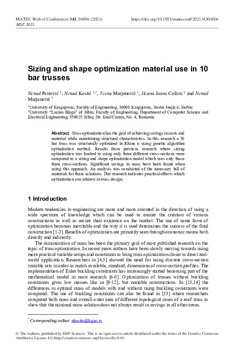 (PDF) Sizing and shape optimization material use in 10 bar trusses