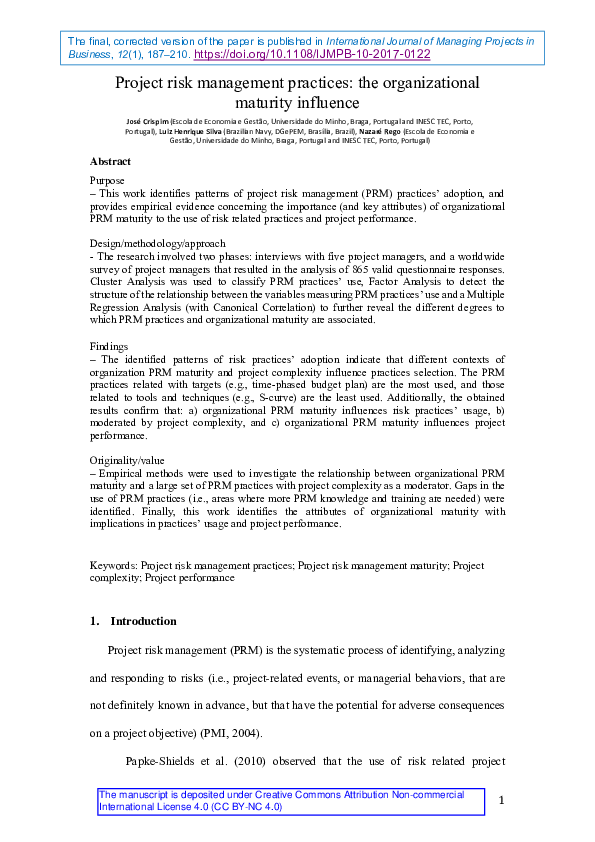 (PDF) Project risk management practices: the organizational maturity ...