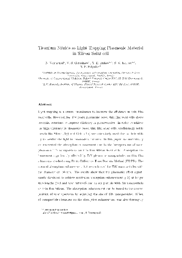 (PDF) Titanium nitride as light trapping plasmonic material in silicon solar cell