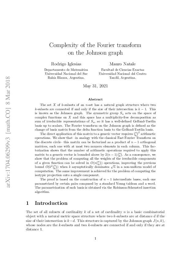 Pdf Complexity Of The Fourier Transform On The Johnson Graph