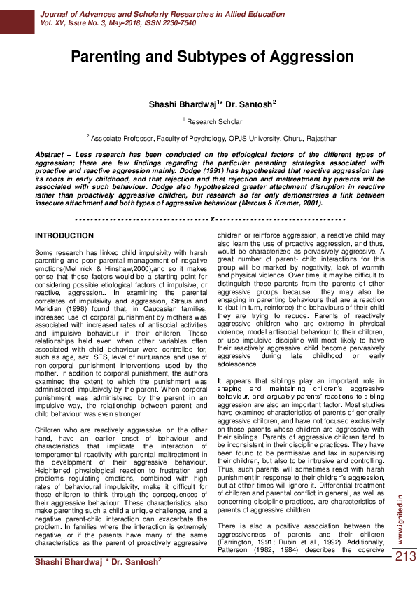 (PDF) Parenting and Subtypes of Aggression