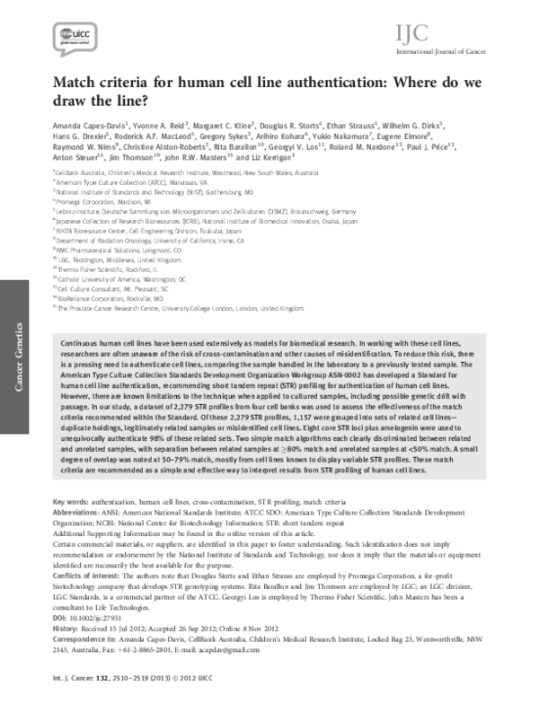 (PDF) Match criteria for human cell line authentication: Where do we ...