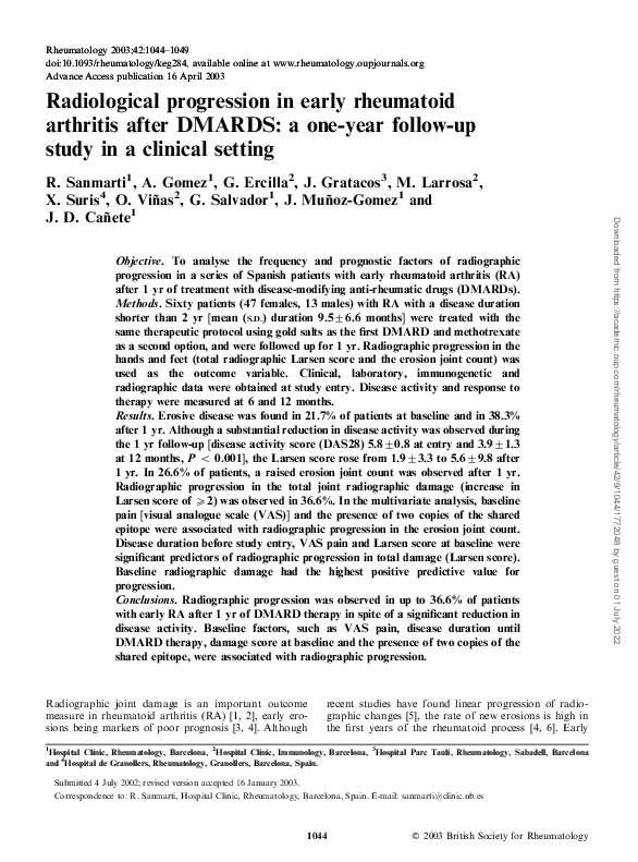 (PDF) Radiological progression in early rheumatoid arthritis after ...