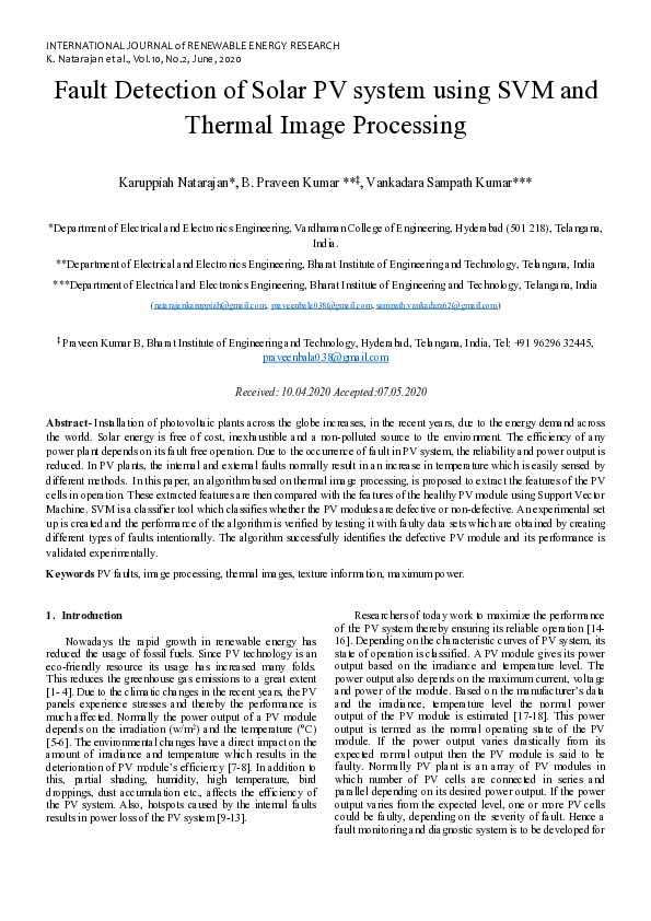 (PDF) Fault Detection of Solar PV System Using SVM and Thermal Image Processing