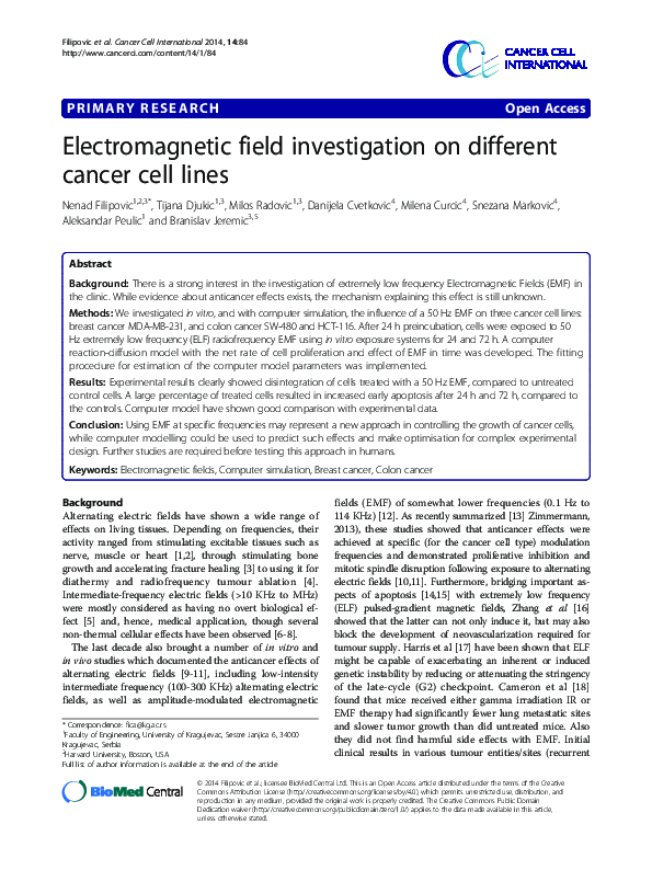(PDF) Electromagnetic field investigation on different cancer cell lines