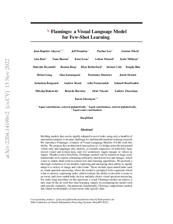 (PDF) Flamingo: a Visual Language Model for Few-Shot Learning