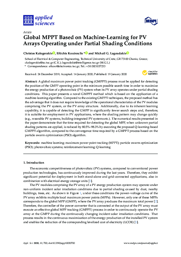 Pdf Global Mppt Based On Machine Learning For Pv Arrays Operating Under Partial Shading Conditions