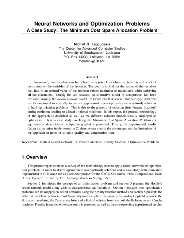 (PDF) Neural Networks and Optimization Problems A Case Study: The ...