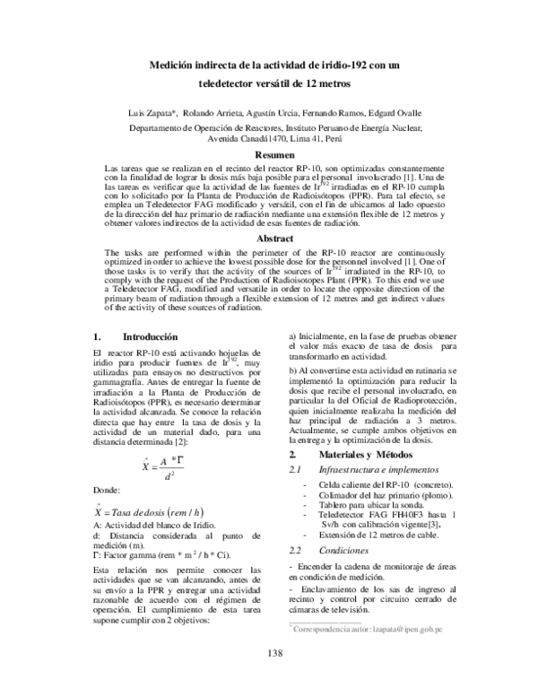 (PDF) Medición indirecta de la actividad de iridio-192 con un ...