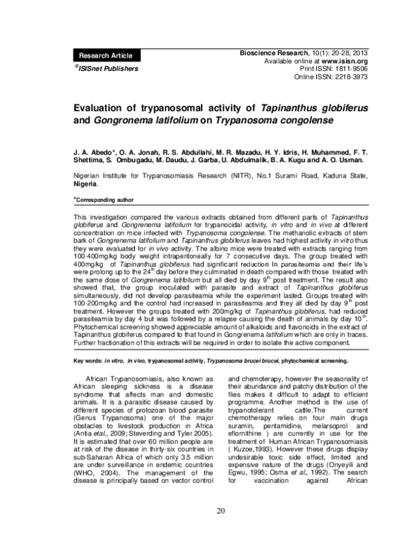 (PDF) Evaluation of trypanosomal activity of Tapinanthus globiferus and ...