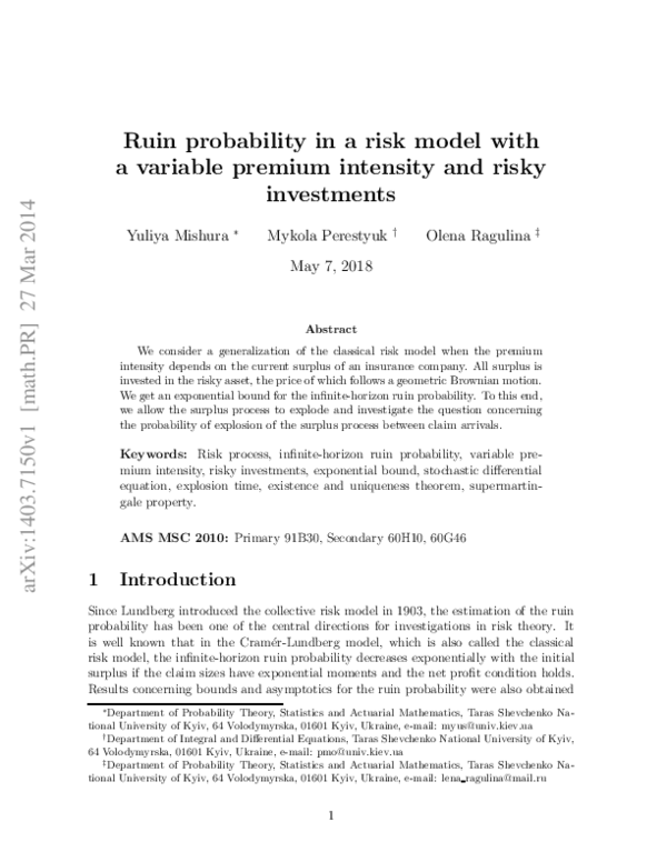 (PDF) Ruin probability in a risk model with variable premium intensity ...