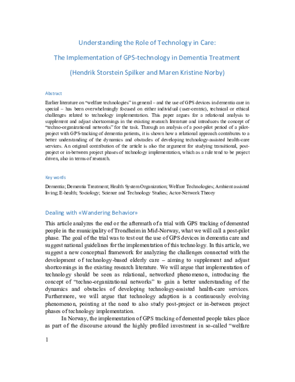(PDF) Understanding the Role of Technology in Care: the Implementation ...