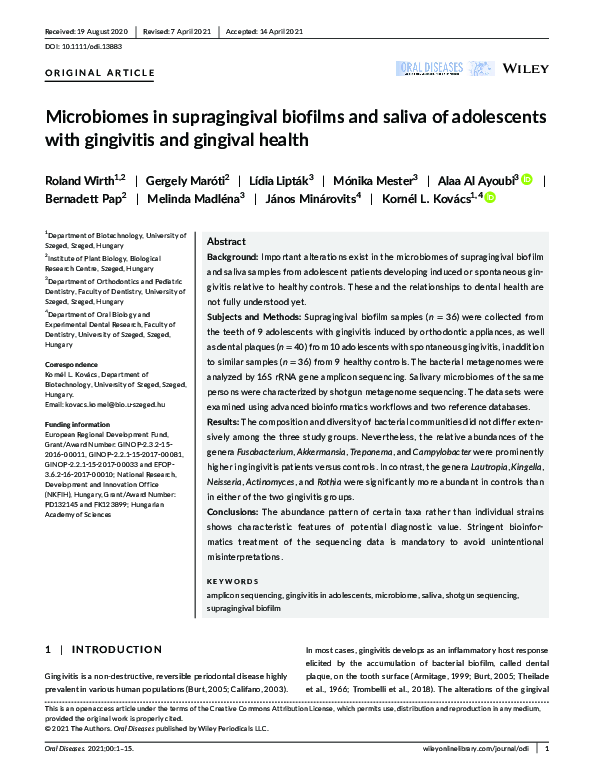 (PDF) Microbiomes in supragingival biofilms and saliva of adolescents with gingivitis and ...