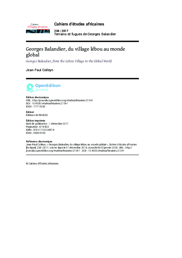(PDF) Georges Balandier, from the Lebou Village to the Global World