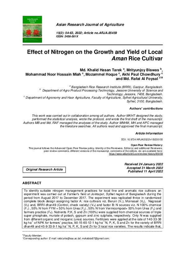 (PDF) Effect of Nitrogen on the Growth and Yield of Local Aman Rice ...