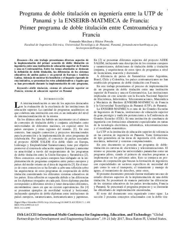 (PDF) Programa de doble titulación en ingeniería entre la UTP de Panamá y la ENSEIRB-MATMECA de ...
