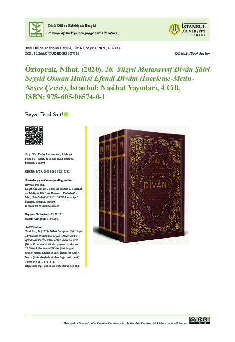 (PDF) Öztoprak, Nihat. (2020). 20. Yüzyıl Mutasavvıf Dîvân Şâiri Seyyid Osman Hulûsî Efendi ...