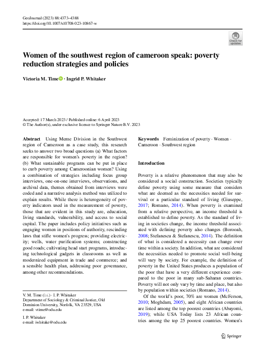 (PDF) Women of the southwest region of cameroon speak: poverty ...