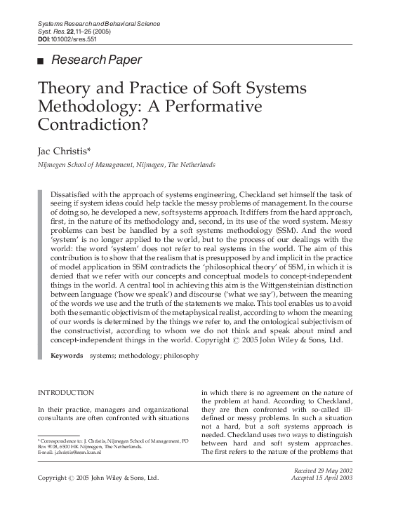 (PDF) Theory and practice of soft systems methodology: a performative contradiction?
